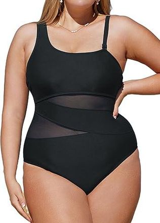 Cupshe Maillot de bain une pièce en maille gainante pour femme - Bretelles amovibles, Noir, XXL
