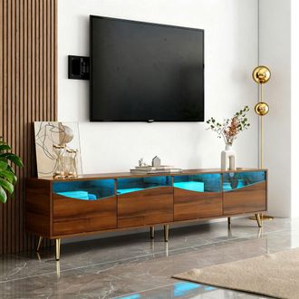 Generic Moderner TV-Schrank »Aura« 180 cm mit LED-Beleuchtung - Lowboard in Holzfarben & Glasfront mit goldenen Metallfüßen - Stilvoller Stauraum-Schrank fürs