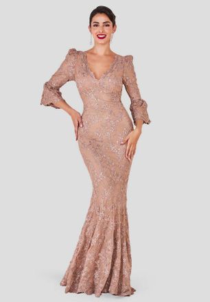 Goddiva Maxikleid Scalloped Lace Maxi Dress Spitzenstoff, V-Ausschnitt, 3/4-&Auml;rmel, Wellenkante, weich flie&szlig;end