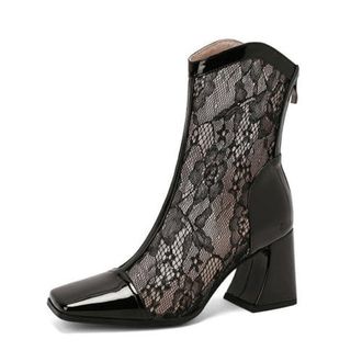 Generic Bottines tendance en maille et dentelle florale &agrave; bout carr&eacute; et talons hauts pour femme, chaussures d&eacute;contract&eacute;es pour f&ecirc;te de mariage, Noir, 38.5 EU