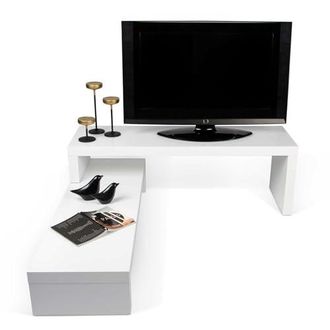 Symbiosis TEMAHOME Cliff 120 TV Tisch, minimalistisches Design, Echtholzfurnier, einfache Montage Holz weiss lackiert L125/ 235xB38xH20/40 cm, Wei&szlig;