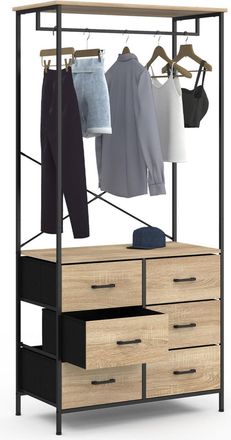 IDMarket Kleiderschrank Utah mit 6 Fächern aus Stoff, Holz und Schwarz, Industriedesign