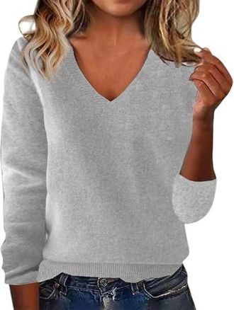 Generic Pull confortable en cachemire pour femme, col en V, automne 2025, décontracté, classique, doux, basique, pull léger et chaud, gris, XXL