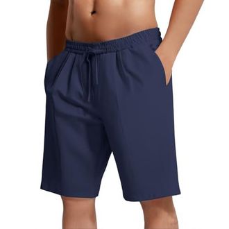 Generic Short en coton et lin pour homme - Taille &eacute;lastique - Plusieurs poches - Uni - Confortable - Respirant - Longueur genou - Tendance - R&eacute;tro - L&eacute;ger, bl