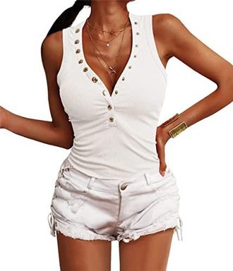 TOMWELL D&eacute;bardeur Femme Sexy D&eacute;collet&eacute; Profond de Boutonnage pour Femme T-Shirt Coupe Slim Sexy Gilet d&eacute;t&eacute; Couleur Unie avec Boutons Chemisier sans Manches po