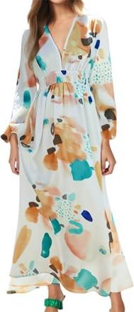 Generic Robe boh&egrave;me 2026 pour femme, col en V, taille haute, d&eacute;contract&eacute;e, &agrave; manches longues, id&eacute;ale pour l&eacute;t&eacute; et le printemps, beige, XL