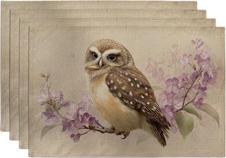 Generic Platzdeckchen mit Blumenmuster und Eule, Beige, botanische Tischsets f&uuml;r Esszimmer, rutschfest, waschbar, f&uuml;r drinnen und drau&szlig;en, Party, dekoratives 