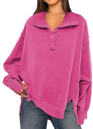 OLIPHEE Sweat Femme Patchwork Grand Col V avec Boutons Pull Vintage Grande Taille Sans Capuche Col Roulé Manches Longues Oversize Casual Sportwear Rose Foncé 