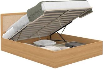 IDMarket Lit Coffre Double EDHEN avec t&ecirc;te de lit cannage et sommier 140 x 190 cm Coloris Bois