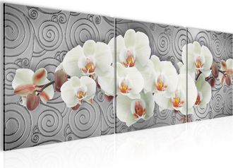 Runa Art Bilder Blumen Orchidee 120 x 40 cm 3 Teilig Wandbild auf Vlies Leinwand Grau Weiss Mehrteilig Modern 204033c