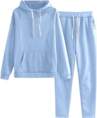 Generic Survêtement à capuche pour femme, pantalon de survêtement ample et confortable, tenue 2 pièces avec poches, bleu clair, S