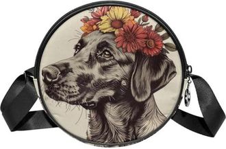 Generic Petit sac &agrave; bandouli&egrave;re rond pour femme, motif fleurs de chien, sac &agrave; dos avec fermeture &eacute;clair, bretelles r&eacute;glables, sac &agrave; main rond d&eacute;contract&eacute; pour