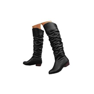 Generic Bottes plates au genou pour femme, bottes mi-mollet souples &agrave; talon bas avec fermeture &eacute;clair lat&eacute;rale, bout rond, en cuir vintage, longues bottines h