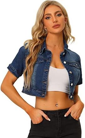 Allegra K Veste Jean Femme Rétro Blouson Denim Courte Boutonnage Col Revers & Taille Cintrée Manches Courtes Style Vintage Décontracté Bleu foncé XL