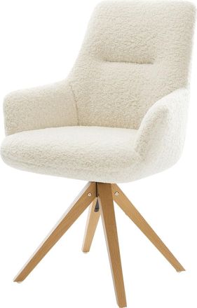 DELIFE Esszimmerstuhl Zelia-Flex mit Armlehnen Holzgestell kantig Natur Teddystoff Beige 180&deg; drehbar Taschenfederkern