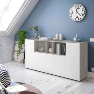 Dmora Highboard Dlop, Modernes Sideboard mit 3 Türen, Wohnzimmerbuffet mit Fächern, Wohnzimmer-Sideboard, Fernsehschrank, 150x41h76 cm, Weiß und Zement