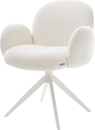 DELIFE Esszimmerstuhl Nube-Flex mit Armlehnen Kreuzgestell breit Wei&szlig; Boucl&eacute; Soft Beige 360&deg; drehbar Wippfunktion Taschenfederkern