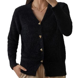 Generic Cardigan en laine pour femme avec boutons et col en V, noir, Taille XS