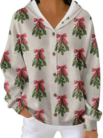 Generic Sweat à capuche de Noël pour femme avec boutons et col en V - Cardigan à manches longues - Imprimé amusant - Pull à capuche décontracté pour les vacan