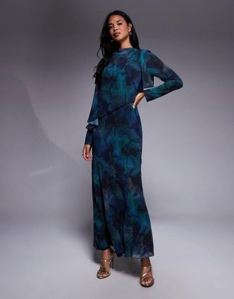 Daska Robe longue volantée à cape et imprimé abstrait - Bleu profond-Multicolore