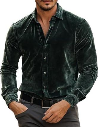 Generic Chemise de luxe &agrave; manches longues en velours pour homme, coupe ajust&eacute;e, couleur unie, boutonn&eacute;e, d&eacute;contract&eacute;e, pour f&ecirc;te de mariage, travail, automne,