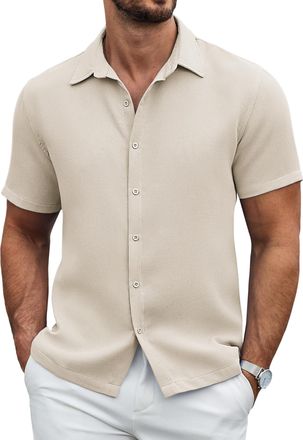 Coofandy Herren Hemd Kurzarm Waffelhemd Regular Fit Freizeithemd Textured Hemden Einfarbig Sommerhemd Basic Shirt Mondgrau 3XL