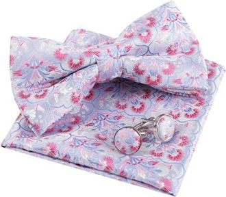 Alizeal Lot de 3 noeuds papillon pré-noués pour homme Motif floral et boutons de manchette, 052-Bleu clair + Rose vif, taille unique