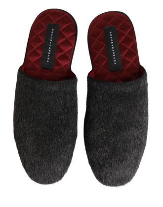 Dolce & Gabbana Mens Dark Grey Charcoal Wool Red Slippers Shoes Gray
