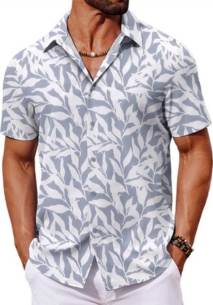 Coofandy Hawaii Hemd Herren Kurzarm Leichtes Sommerhemd Palme Hemd Blumen Kurzarmhemd Regular Fit Hawaii Kost&uuml;m Palmbl&auml;tter Blau & Wei&szlig; XXL