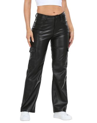 HDE Damen-Cargohose aus Kunstleder mit Taschen, hohe Taille, Y2K, entspannte Hose, Schwarz, 33
