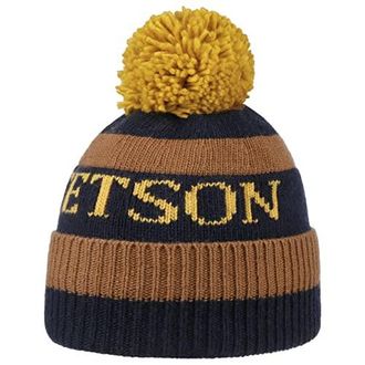 Stetson Bonnet à Pompon Classic Femme/Homme - Made in Italy en Tricot Beanie pour lhiver avec Revers, Revers Hiver Automne-Hiver - Taille Unique Marron-Bleu