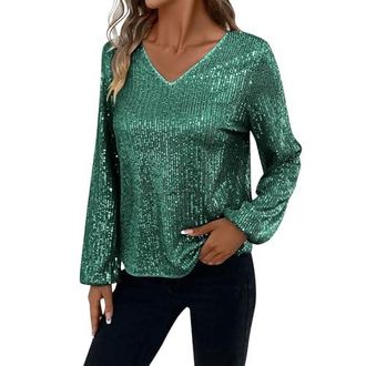 Generic Haut &agrave; paillettes pour femme - Tunique brillante &agrave; manches longues et col en V - T-shirt pour f&ecirc;te, bo&icirc;te de nuit - T-shirt ample d&eacute;contract&eacute; pour fem