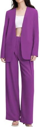 Minetom Tailleur Femme 2 Pièces Elegant Couleur Unie Manches Longues Blazer Veste Formel Bureau Travail Pantalon Set Ensemble Costumes Outfits A Violet Foncé 