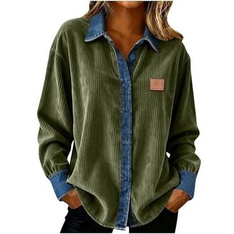 Generic Chemise en Denim Patchwork Femme Confortable Manches Longues Pull-Over Col Rond Couleur Unie Top Haut Streetwear Grandes Tailles Vetement pour Automne
