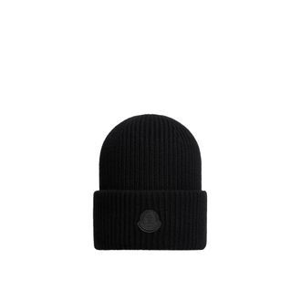 Moncler Moncler Leather Logo Cashmere Beanie, Men, Black, Size: One Size