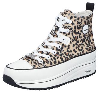 Rieker Plateausneaker RIEKER, Damen, Gr. 37, beige (leo, natur), Lederimitat, Textil, Schuhe Plateausneaker, High Top-Sneaker, Schn&uuml;rboots in bequemer Form