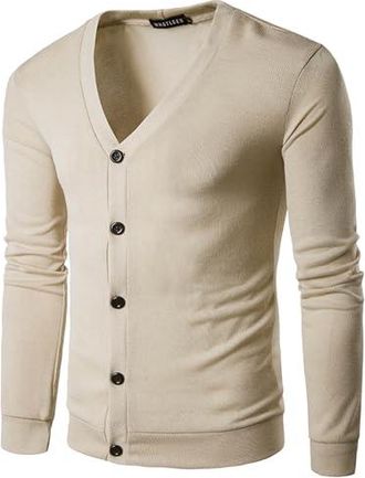 Generic Cardigan &agrave; col en V pour homme - Couleur unie - Coupe ajust&eacute;e - Manches longues - L&eacute;ger - Pour superposition, 01 _beige, S