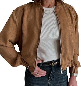 Generic Veste courte dhiver en daim avec fermeture éclair pour femme, veste courte décontractée légère pour lautomne et lhiver, marron, XXL