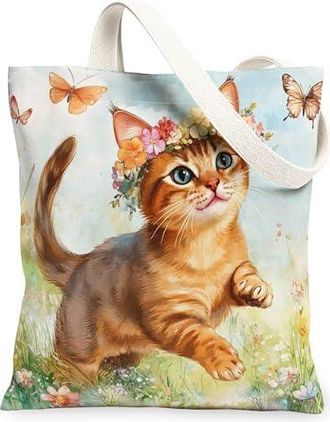 Generic Sac fourre-tout en toile motif chats abyssins printaniers 33 x 38,1 cm, sac d&eacute;picerie r&eacute;utilisable pour femme, motif animal de compagnie, d&eacute;coration c