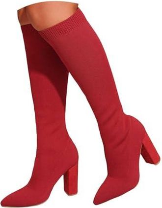 Generic Bottes hautes dhiver 2025 pour femme - Style décontracté - Couleur unie - Talon épais - Bout pointu - Longues bottes à enfiler - Légères et extensible