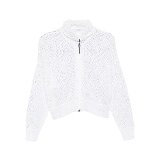 Brunello Cucinelli Paillettenbesetzte Strickjacke mit Lochmuster - - Knitwear - Damen - Wei&szlig; - M