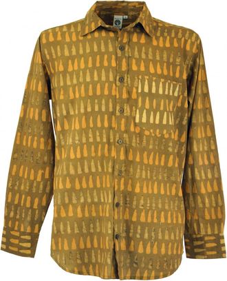 Guru Shop Freizeithemd, Goa Boho Hemd, Langarm Herrenhemd mit Afrikanischem Druck - Curry, Baumwolle, Size:S