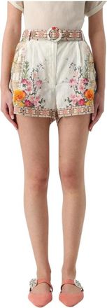 Camilla Femme, Shorts, Multicolore, Taille: 38 FR Short en lin blanc à imprimé floral avec ceinture