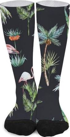 Generic Chaussettes fantaisie pour homme et femme, motif dinosaures, aquarelle, dessin anim&eacute;, d&eacute;contract&eacute;, amusant, mi-mollet, sport, Palmier aquarelle et fla