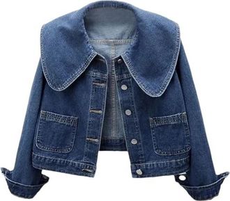 Generic Veste courte en jean pour femme - Style vintage - Manches longues - Poches - Col à volants - Style vintage, bleu, XL