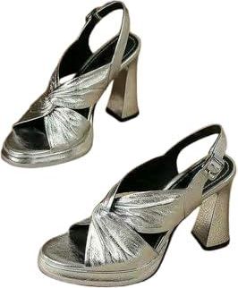 Generic YUJIEBB Chaussures de printemps et d&eacute;t&eacute; pour femme avec talon bloc et sangle arri&egrave;re, Argent&eacute;., 36.5 EU