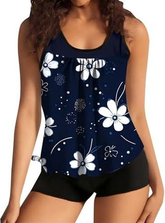 Generic Ensemble tankini imprim&eacute; conservateur pour femme - Maillot de bain fendu &agrave; motif floral avec coussinets de soutien-gorge int&eacute;gr&eacute;s et short boyshort, m