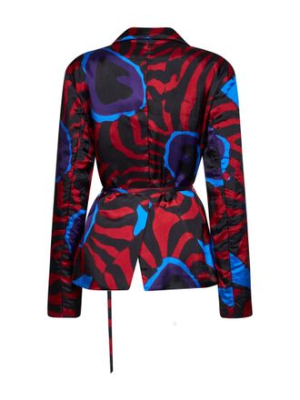 Dries Van Noten Womens Belted Blazer Marbled Clay Print Red Multicolour Canvas Jacket