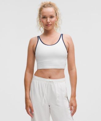 lululemon Tennis-Tanktop mit U-Ausschnitt und Cut-out Mittlerer Halt f&uuml;r B/C-Cups f&uuml;r Frauen - Gr&ouml;&szlig;e 2XS in White/Club Blue
