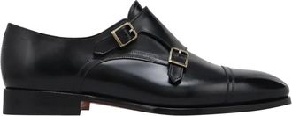 Santoni Homme, Chaussures, Noir, Taille: 42 1/2 EU Mocassin en Cuir Noir Double Boucle Chaussures